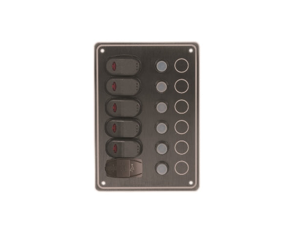 Pactrade Marine 6 Gang Waterproof Black Switch Panel With USB Charger